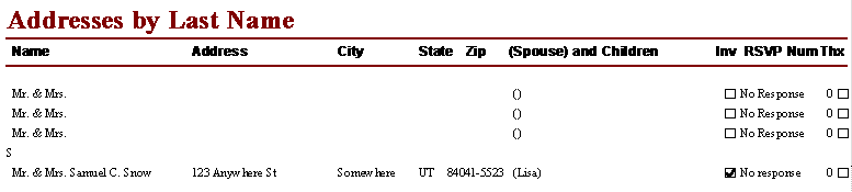 Screen Shots from the Wedding Address Database