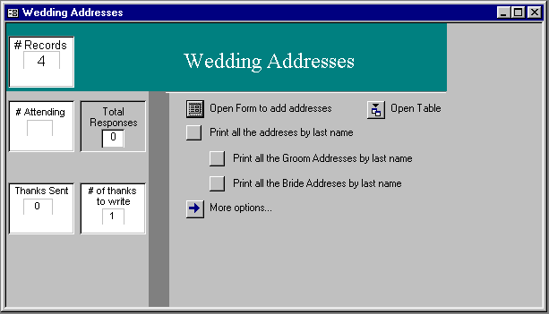 Screen Shots from the Wedding Address Database